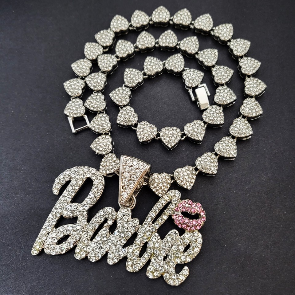 Women Silver Plated Barbie Charm & 20" Iced Cubic Zirconia Heart Chain ...