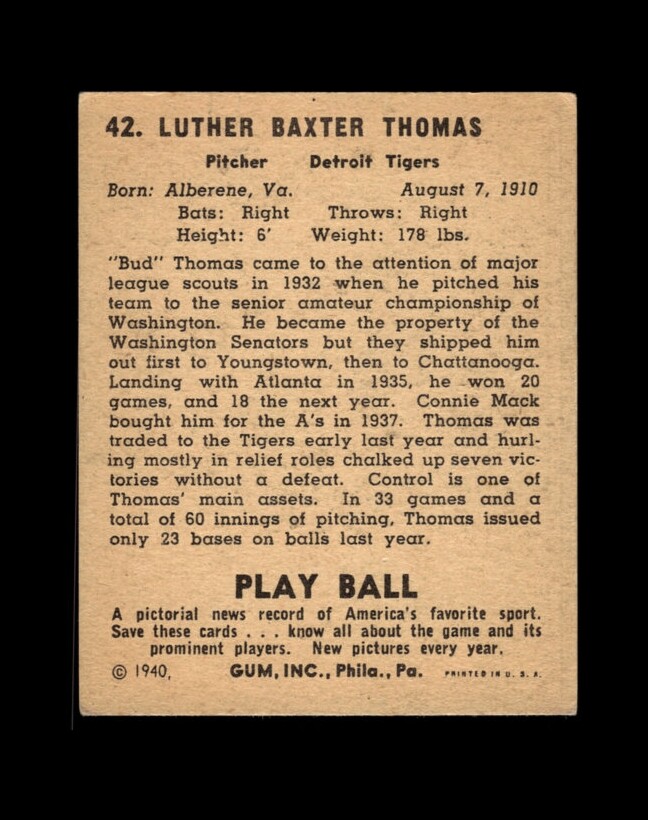 1940 Play Ball Set-Break # 42 Bud Thomas VG-VGEX *GMCARDS* | eBay