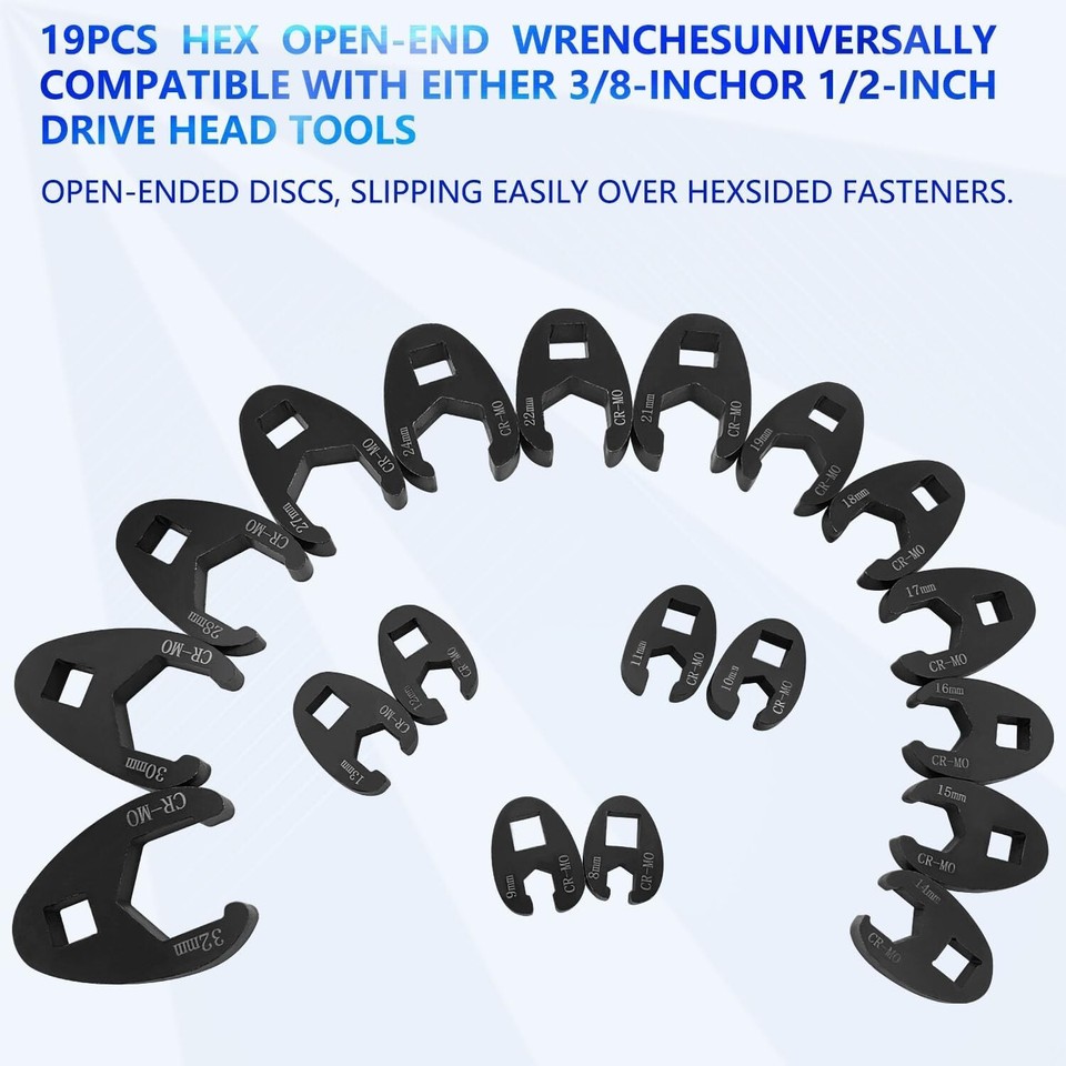19x Crowfoot Wrench Set Metric Crows Foot 8-32mm Flare Nut Wrench Set ...