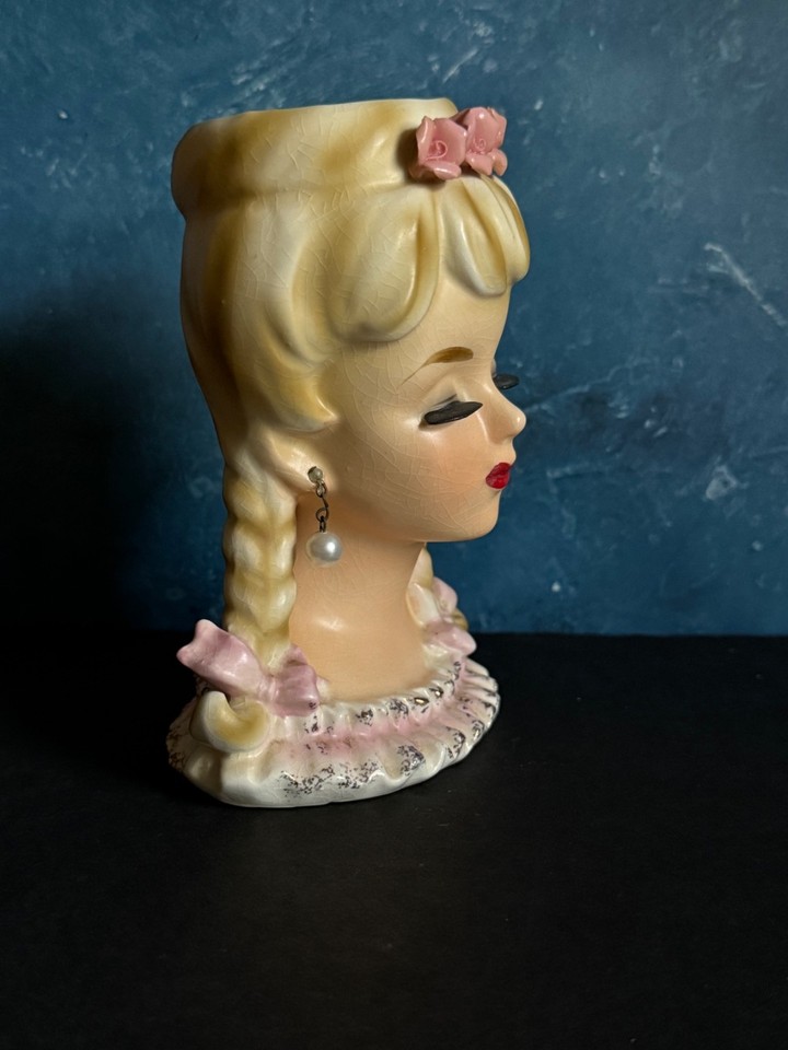 VINTAGE LADY HEAD VASE WREATH MARK JAPAN BLONDE “SWISS MISS” BRAIDS IN ...