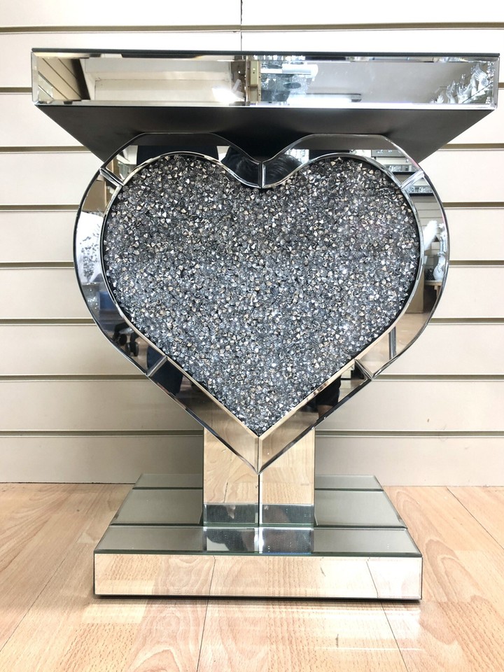 Mirrored Crushed Crystal Diamond Heart Shape Pedestal Table End Table ...