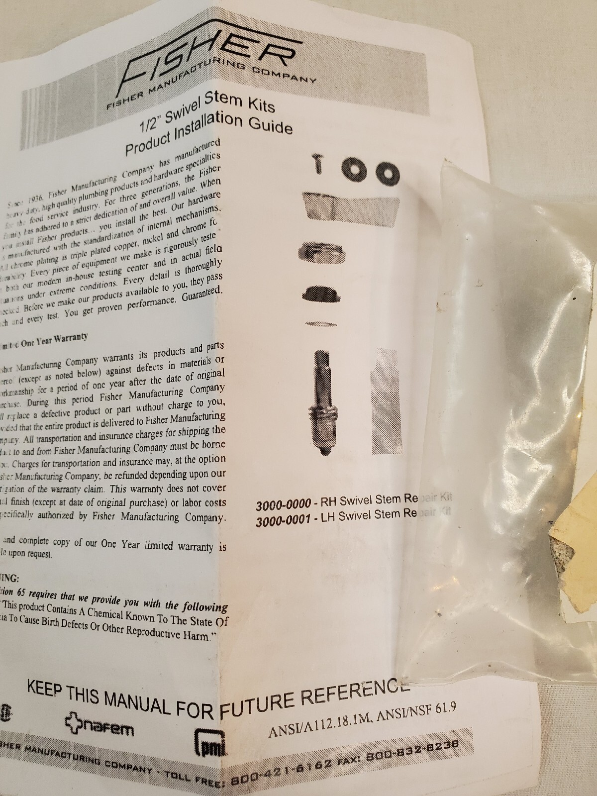 Fisher Faucet Stem Kit 3/4 Right Hand Swivel LH 5000-0010 - Incomplete ...