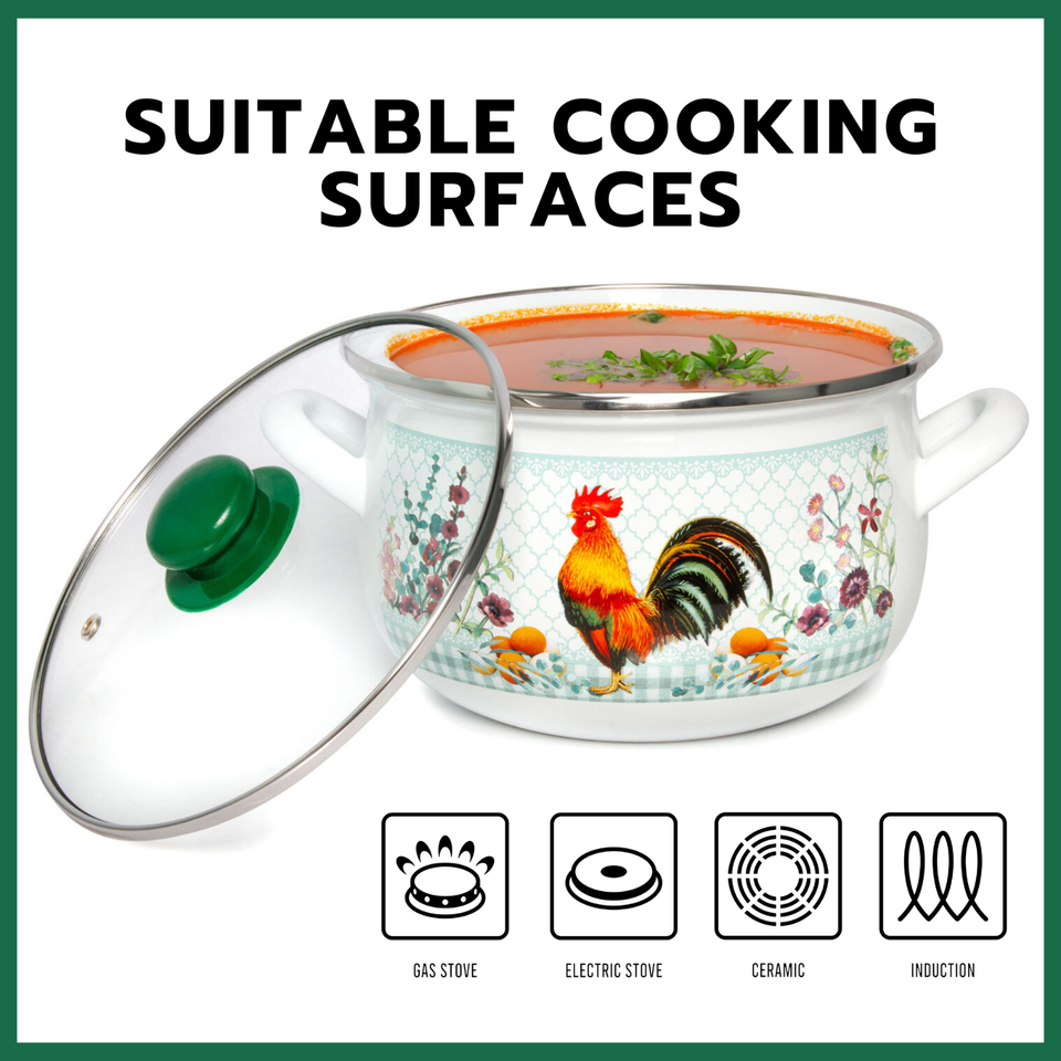 3 pc ROOSTER Enamel Stockpot Set (2qt 4qt 6.5qt Cooking Pots) Enameled ...