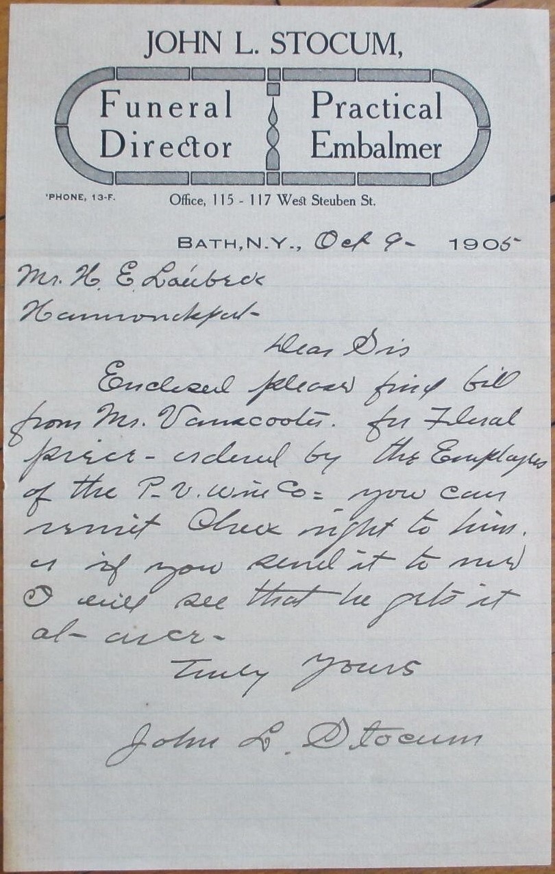 Bath, NY 1905 Letterhead, Funeral Director, Embalmer, New York | eBay