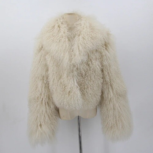 Womens 100% Real Mongolian Sheep Fur Coat Lapel Warm Real Fur Jacket ...