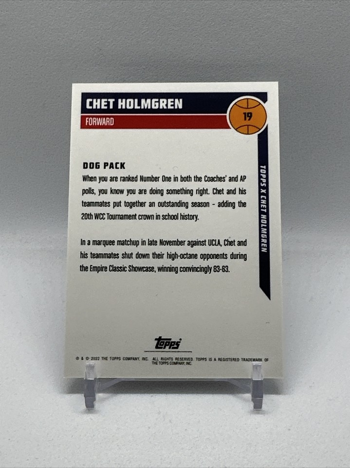 2022 TOPPS X CHET HOLMGREN ROOKIE 20 "DOG PACK" GONZAGA OK CITY THUNDER ...