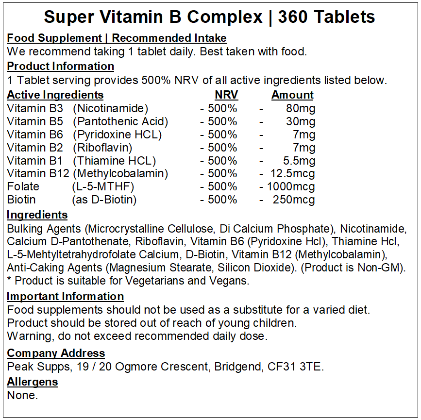 Super Vitamin B Complex - 360 Tablets (500% NRV/RDA) - Energy ...