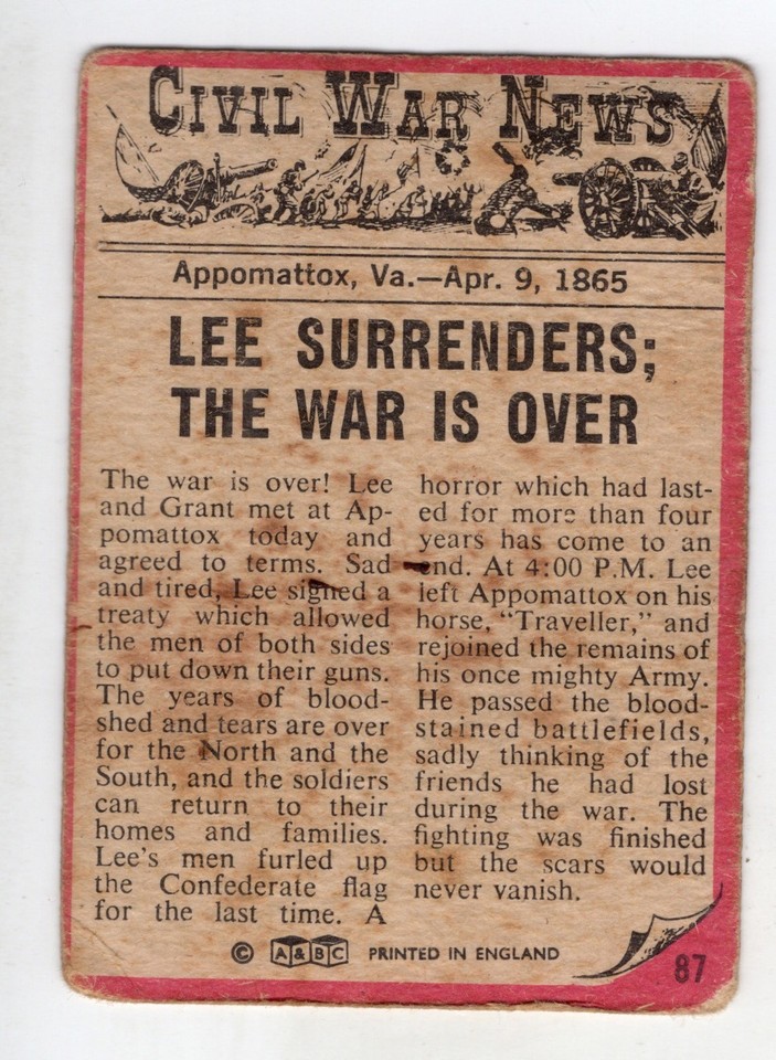 A&BC Civil War News Gum Card 1964 #87 General Lee surrenders Appomattox ...