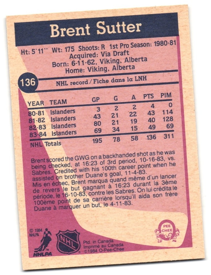 Brett Sutter 1984-85 O-Pee-Chee NHL Card #136 | eBay