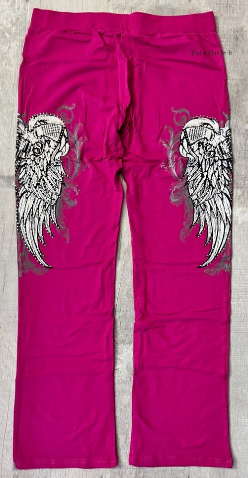 Womens CRYSTAL PLUS SIZE PINK ANGEL WINGS PISTOLS SWEATPANTS PANTS 1X ...