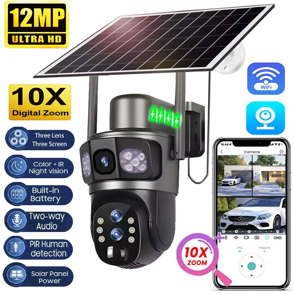 Solar Outdoor Surveillance Camera Wifi 6K Wireless 10X Zoom Three Lens ...