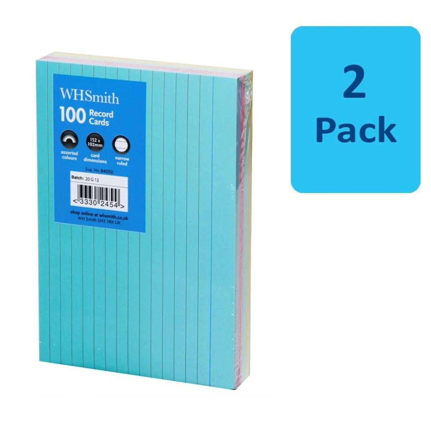 2 x WHSmith Record Cards Assorted Colours Narrow Ruled 152 x 102mm Pack ...