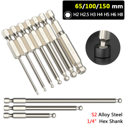H2.5 H3 H4 H5 H6 H8 Ball-End Hex Screwdriver Bit Set 65/100/150mm 1/4 ...