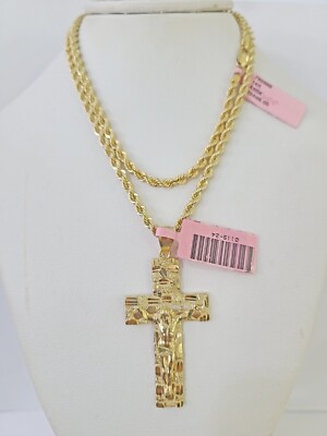 Real 14k Rope Chain Jesus Cross Charm Set Yellow Gold 3mm 18"-26 ...