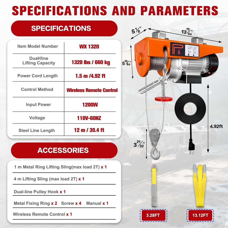1320 lbs Electric Hoist,110v Electric Hoist Winch with 328 ft Wireless ...