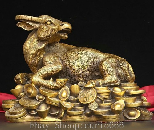 14.1'' Old Chinese Purple Bronze Gold Cattle Ox Bull Yuanbao Money Coin ...