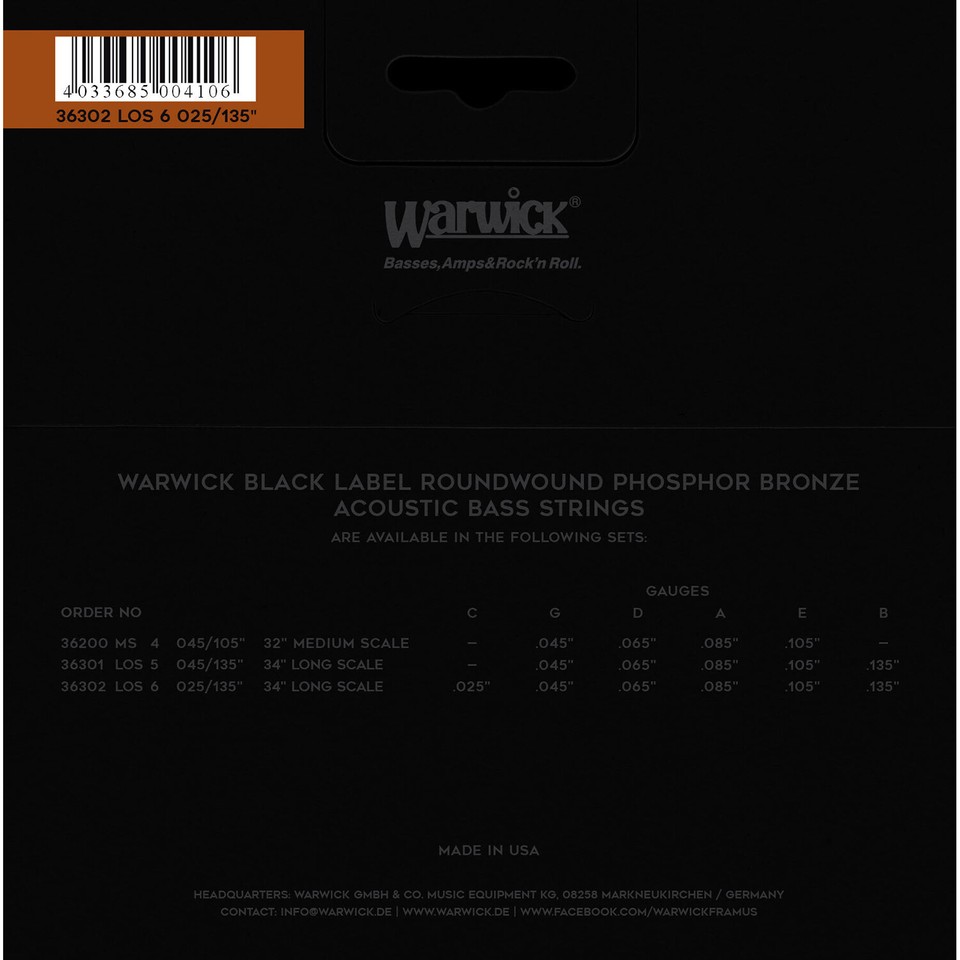 Warwick Black Label Acoustic Bass Strings, 6-String, 25-135, Long Scale ...