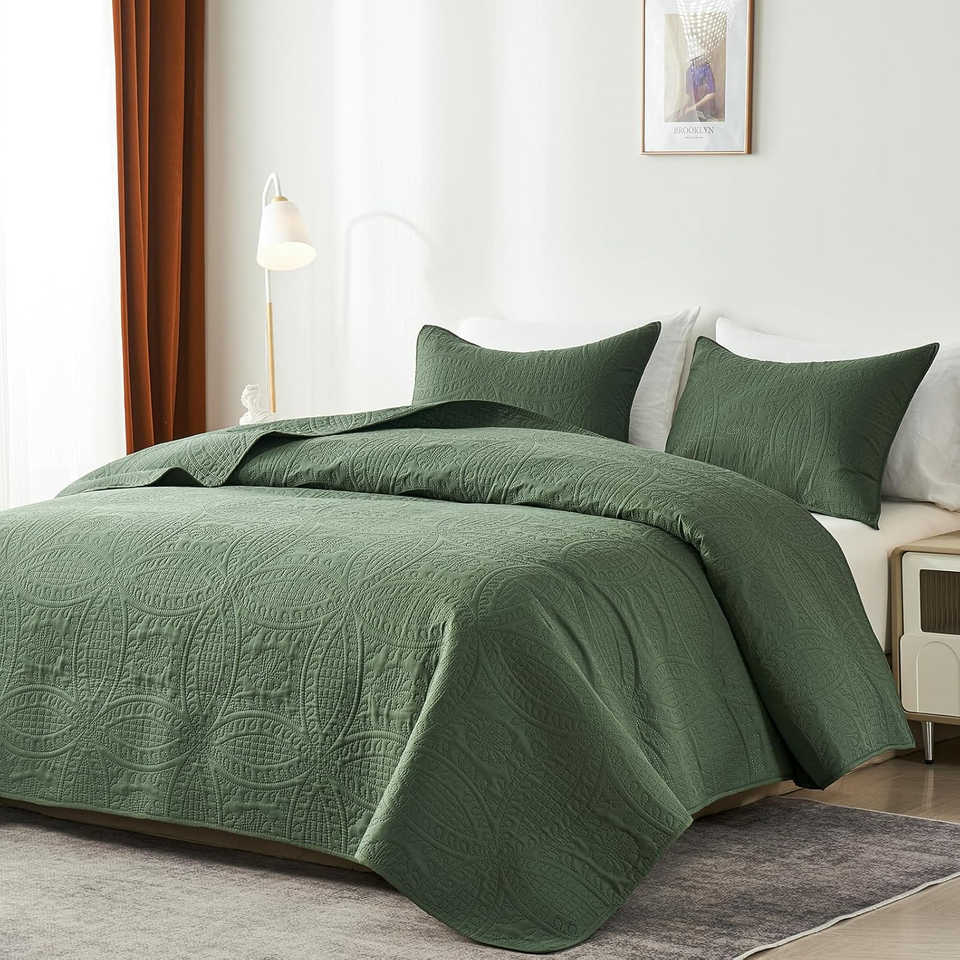 Queen Quilt Bedding Set,Olive Green Ultrasonic Full/Queen Quilt Set ...