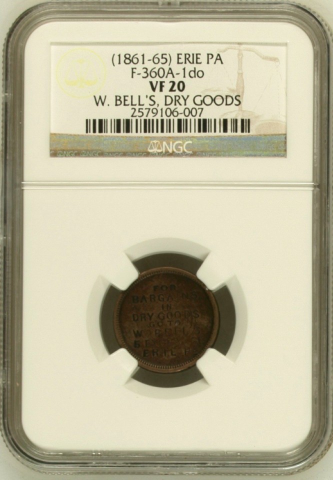 (1860's) Erie PA-360A-1do W Bell's Civil War Token Dry Goods | eBay