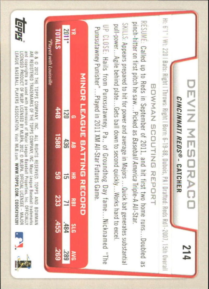 2012 Bowman Gold #214 Devin Mesoraco Reds NM-MT (RC - Rookie Card) | eBay