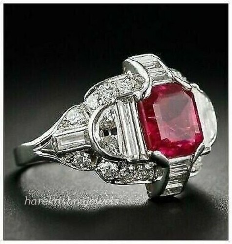Genuine 3CT Red Ruby Vintage Art Deco Antique Wedding Ring 14K White ...