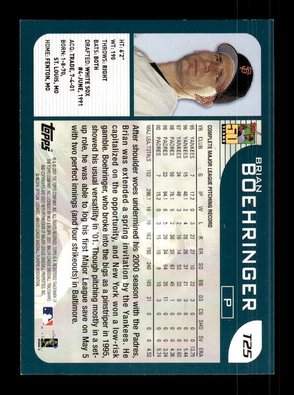 BRIAN BOEHRINGER SIGNED 2001 TOPPS #T25 - ON-CARD AUTOGRAPH SAN ...