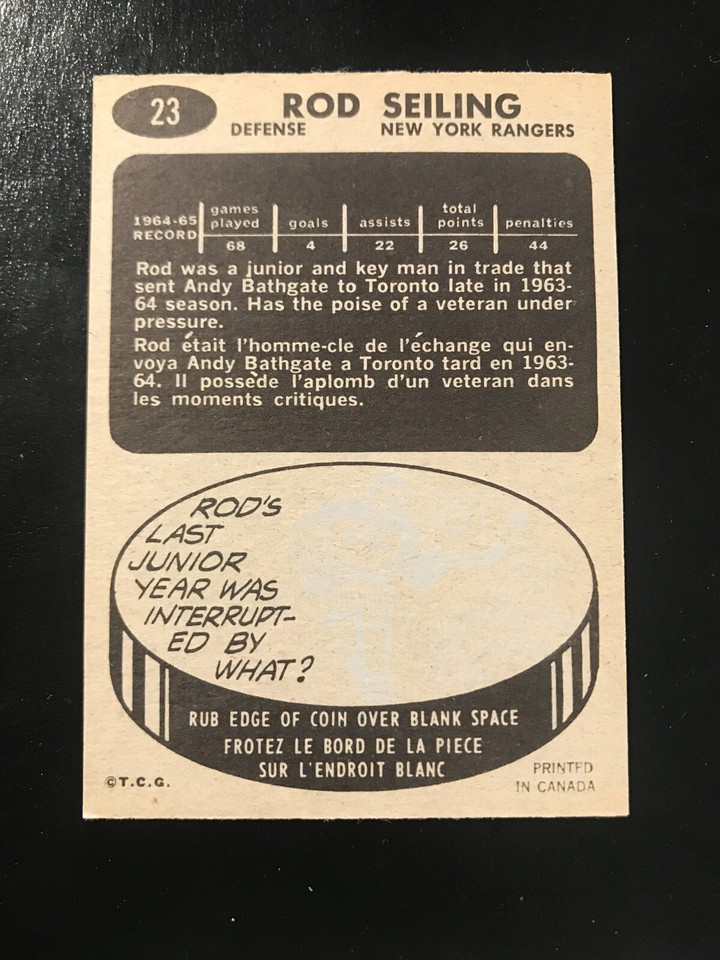 1965-66 Topps Hockey - Rod Seiling #23 New York Rangers | eBay
