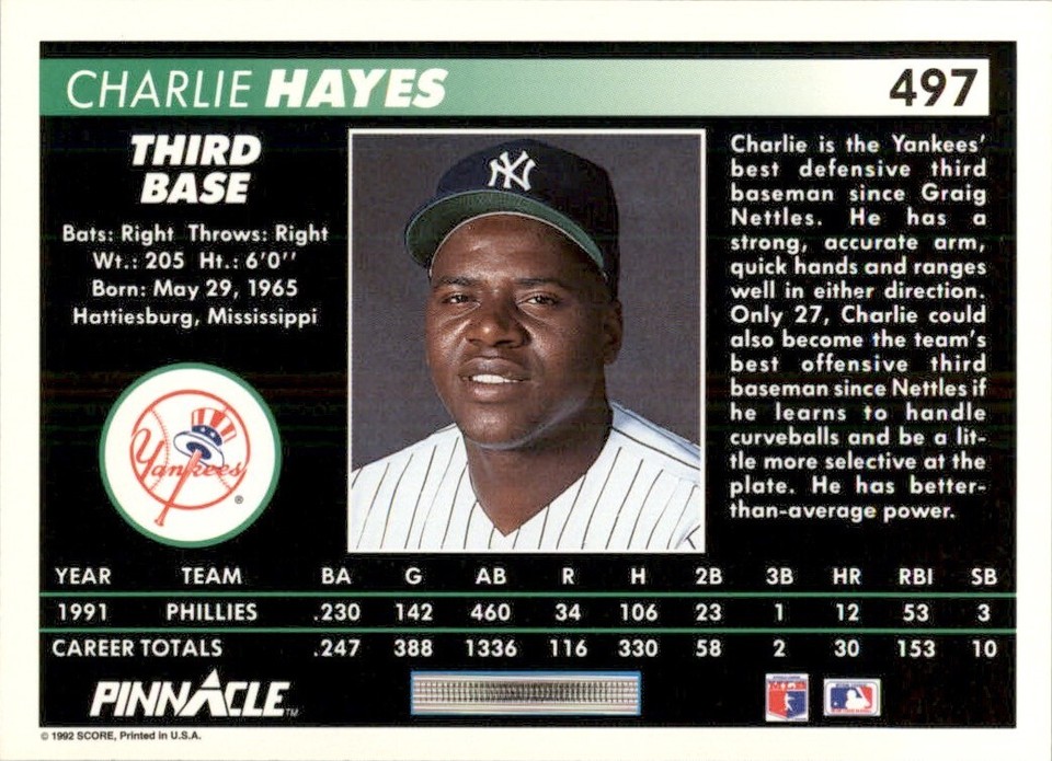 1992 Pinnacle Charlie Hayes New York Yankees #497 Baseball Card | eBay