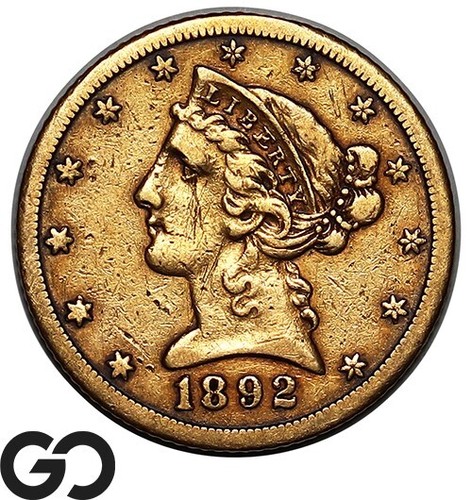1892-CC Gold Half Eagle, $5 Gold Liberty, Very Scarce Carson City Mint ...