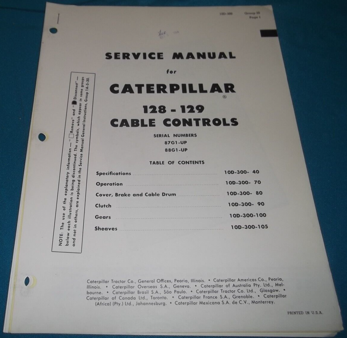 CAT CATERPILLAR 128 129 CABLE CONTROLS SERVICE SHOP REPAIR MANUAL BOOK ...
