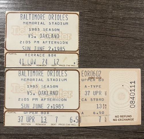 Cal Ripken / Eddie Murray 2x Tickets Orioles VS Athletics | eBay