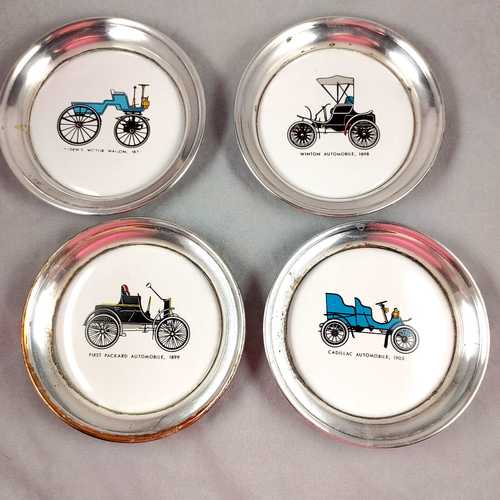 Sheridan Silver & Porcelain Coasters Set of 4 Autos Vtg Winton Packard ...