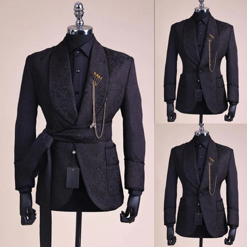 Black Jacquard Men's Suits with Belt Evening Dinner Party Tuxedos Slim ...