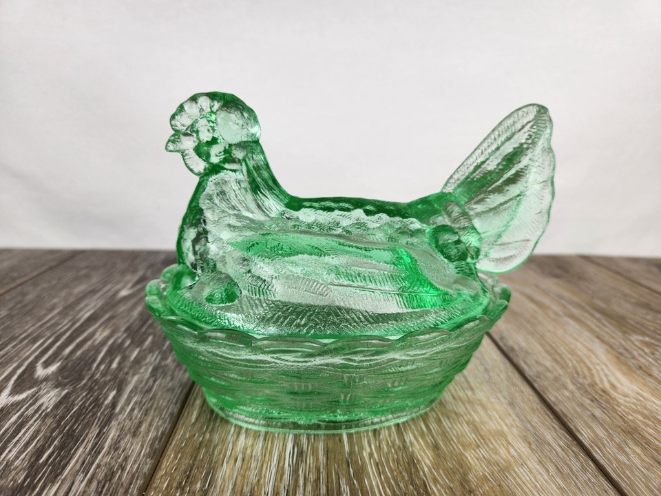 Apple Green Glass Hen on Woven Nest - Chicken Candy Dish or Trinket ...