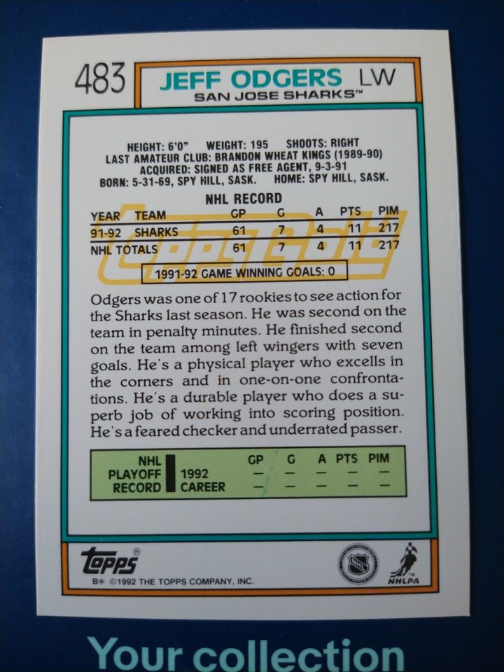 1992 Topps Hockey GOLD Jeff Odgers #483 San Jose Sharks | eBay
