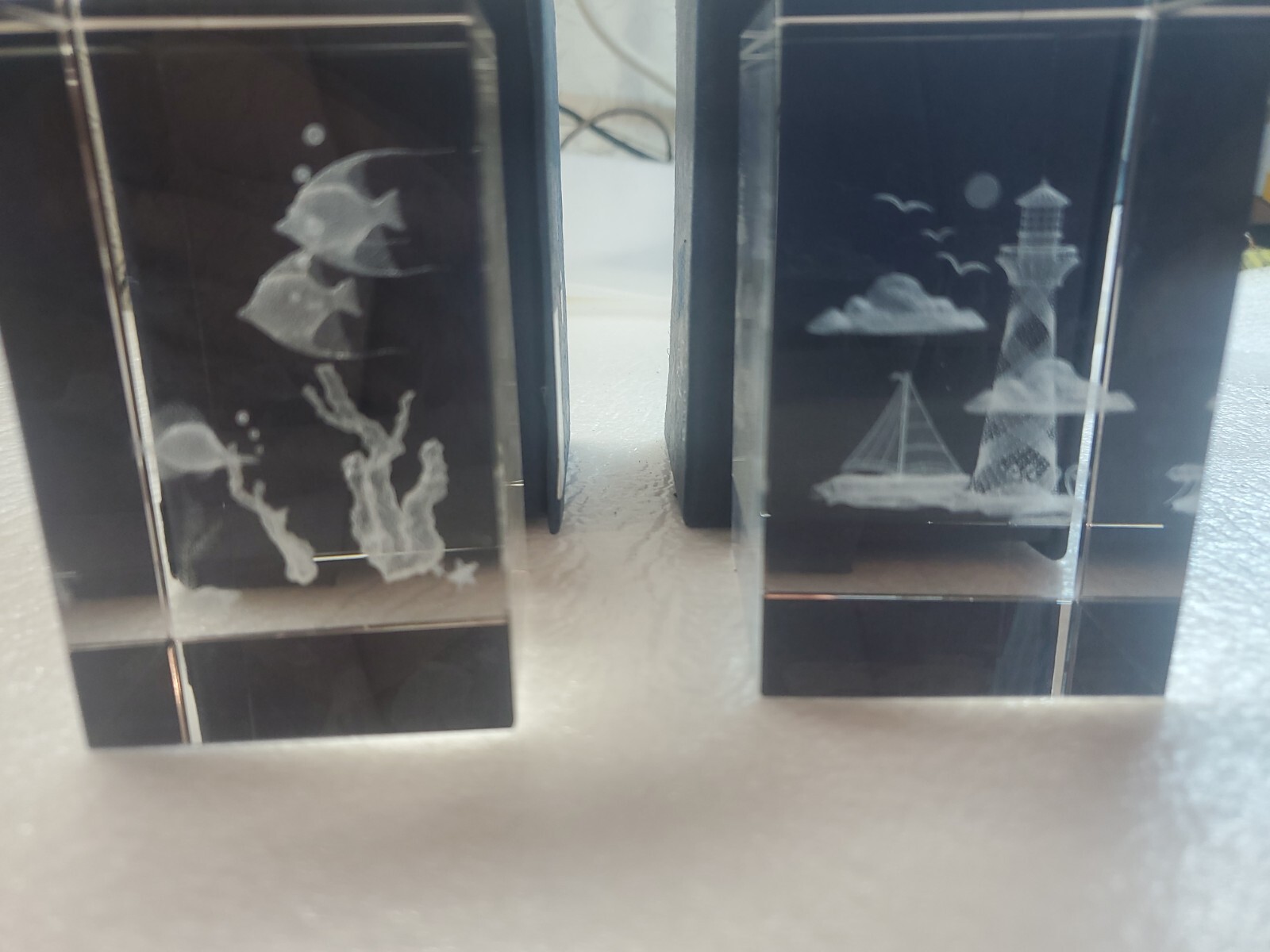 2 CRYSTAL GLASS 3D LASER PAPERWEIGHT ETCHED LIGHTHOUSE AND FISH | eBay