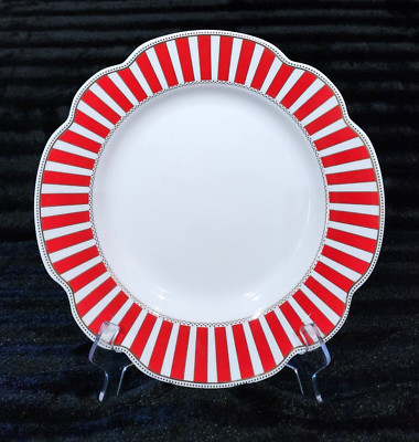 1 Grace Teaware Josephine 11.5" Red White Stripe Dinner Plate Wavy Trim ...
