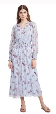 NWOT Joie Yashi Silk Floral Sheer Maxi Dress Eventide Blue Smock Detail ...