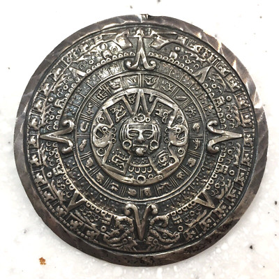 Aztec Mayan Sun God Calendar Pendant Brooch Pin 925 Sterling Silver ...