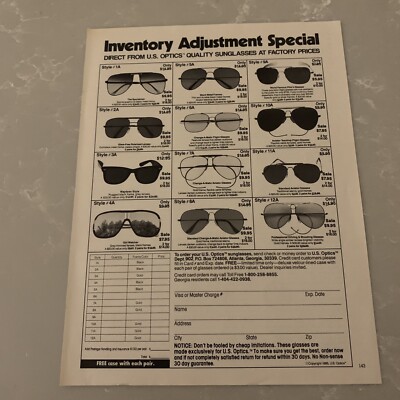 1985 U.S. Optics Quality Sunglasses Print Ad Original Inventory Adjustment | eBay