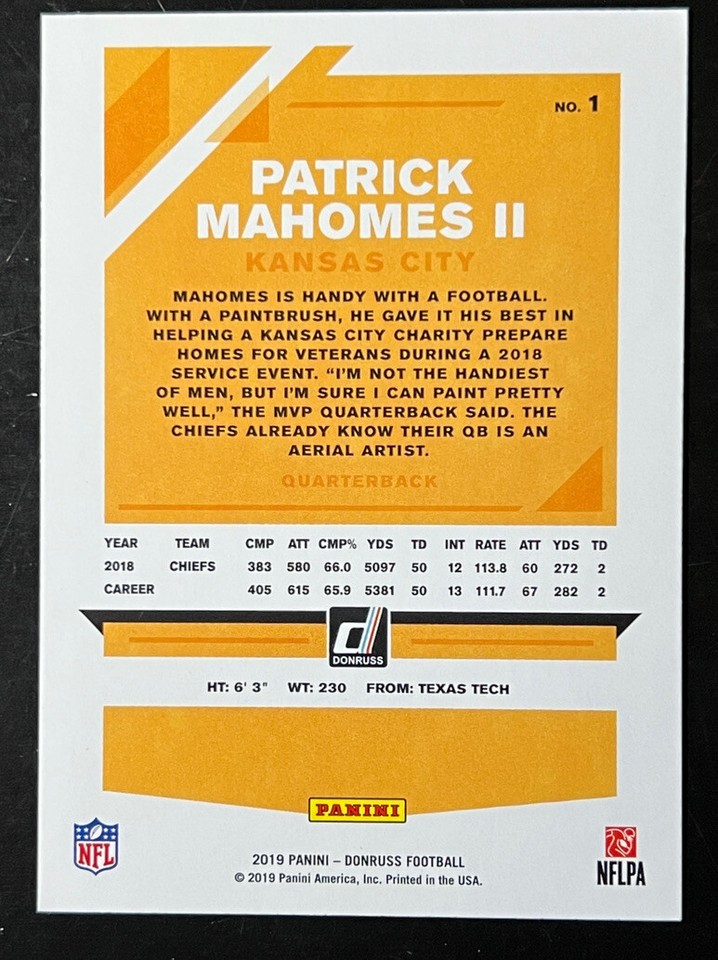 2019 Panini Donruss Football Patrick Mahomes #1 Kansas City Chiefs | eBay