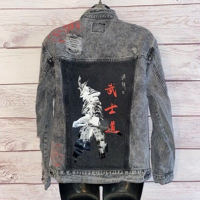 Smoke & Ash Denim Jacket Mens S Gray Distressed Samurai Graphic Bushido ...