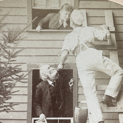 Antique 1870s Painter Paints Old Mans Face On Ladder Stereoview Photo ...