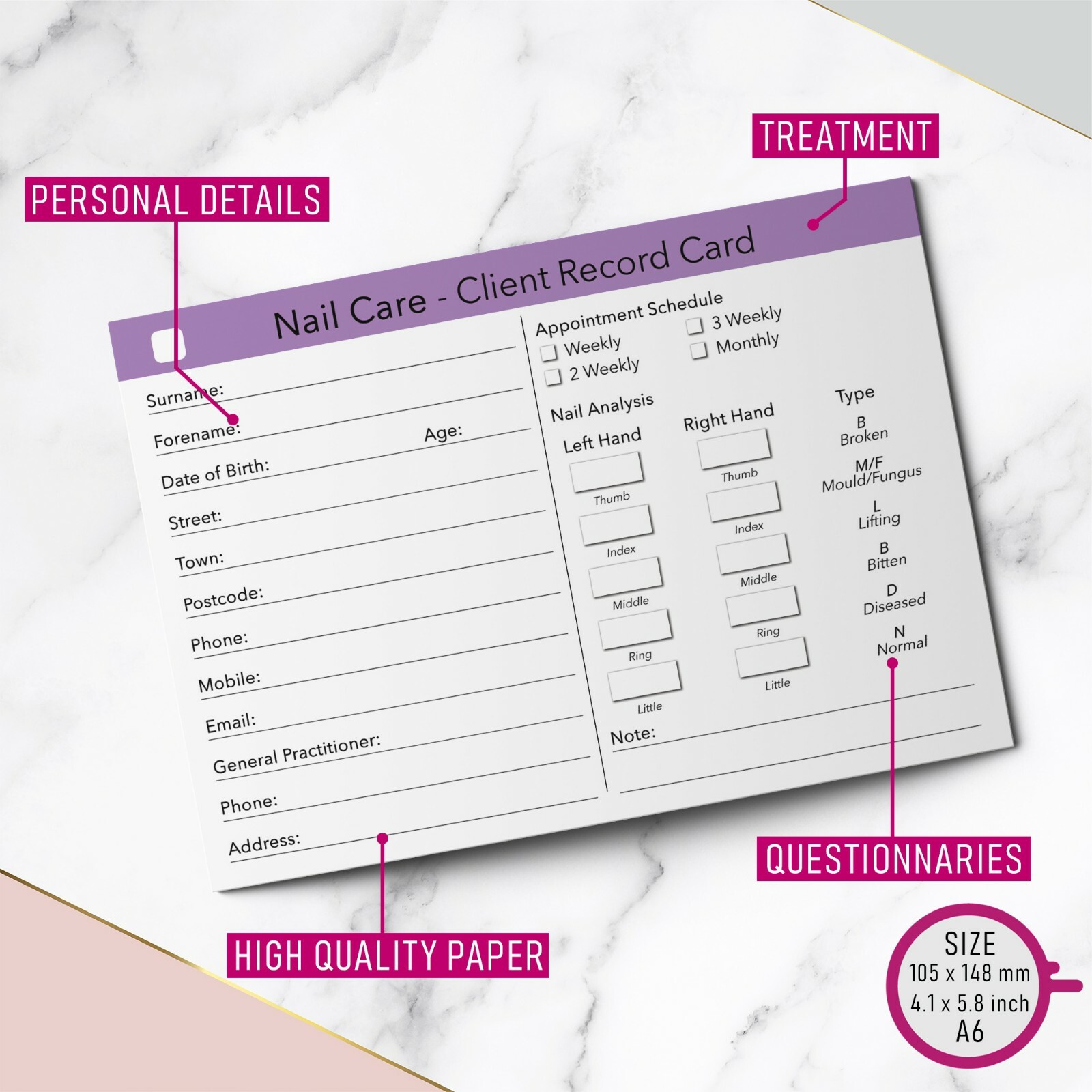 Nail Client Record Card Consultation Manicure Technicians Salon ...