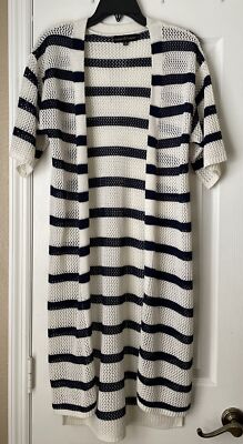Almost Famous Ladies Long Cardigan-Size S-Short Sleeves-Striped White ...
