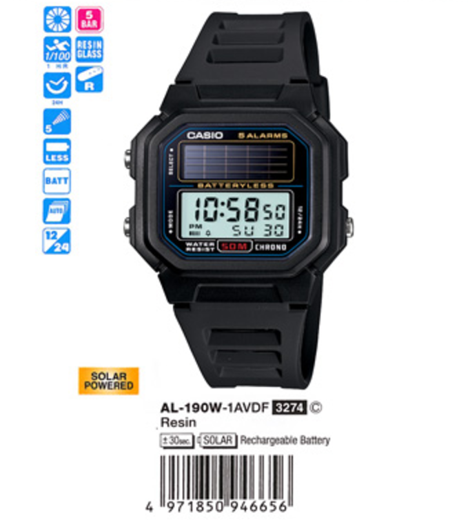 Rare Casio AL-190W-1A Vintage Batteryless Solar Lcd Digital Watch Brand ...