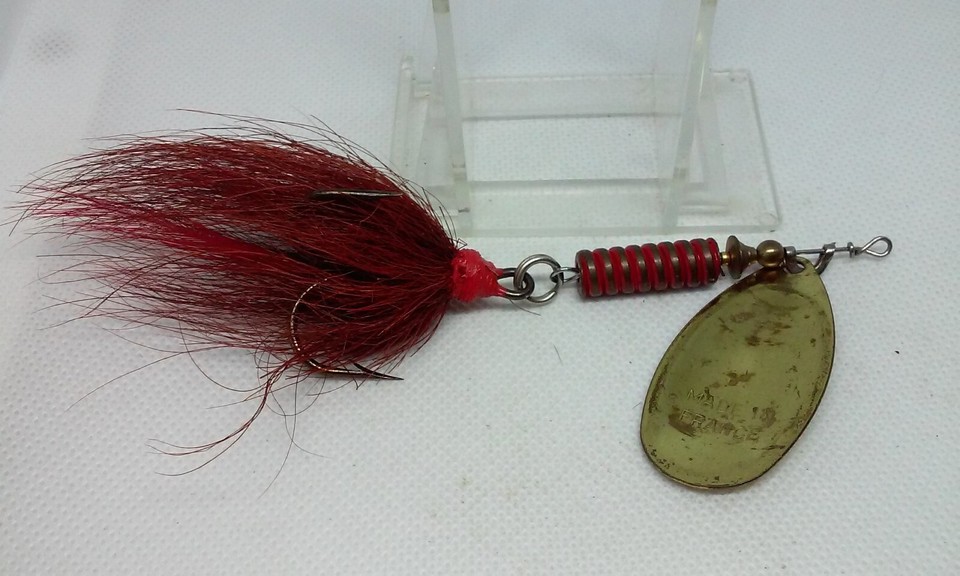 Vtg Mepps #5 AGLIA Brass/Red Silver BLADE 1 1/4" inline Spinner 1/2 ...