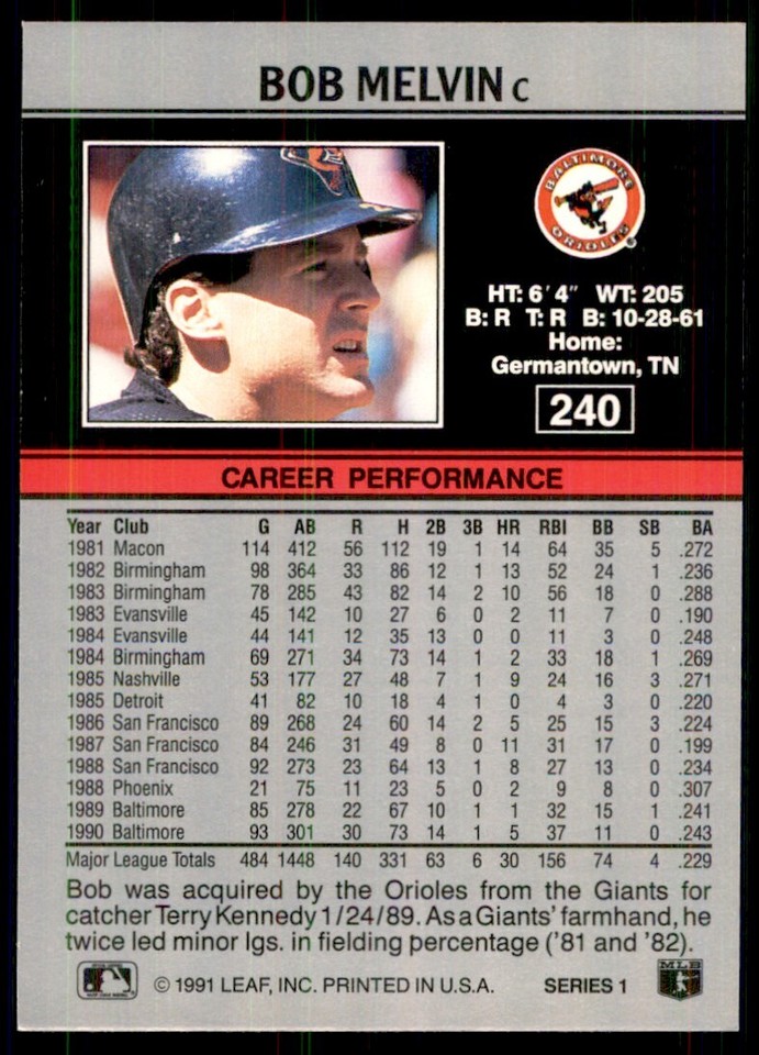 1991 Leaf Bob Melvin Baseball Cards #240 | eBay