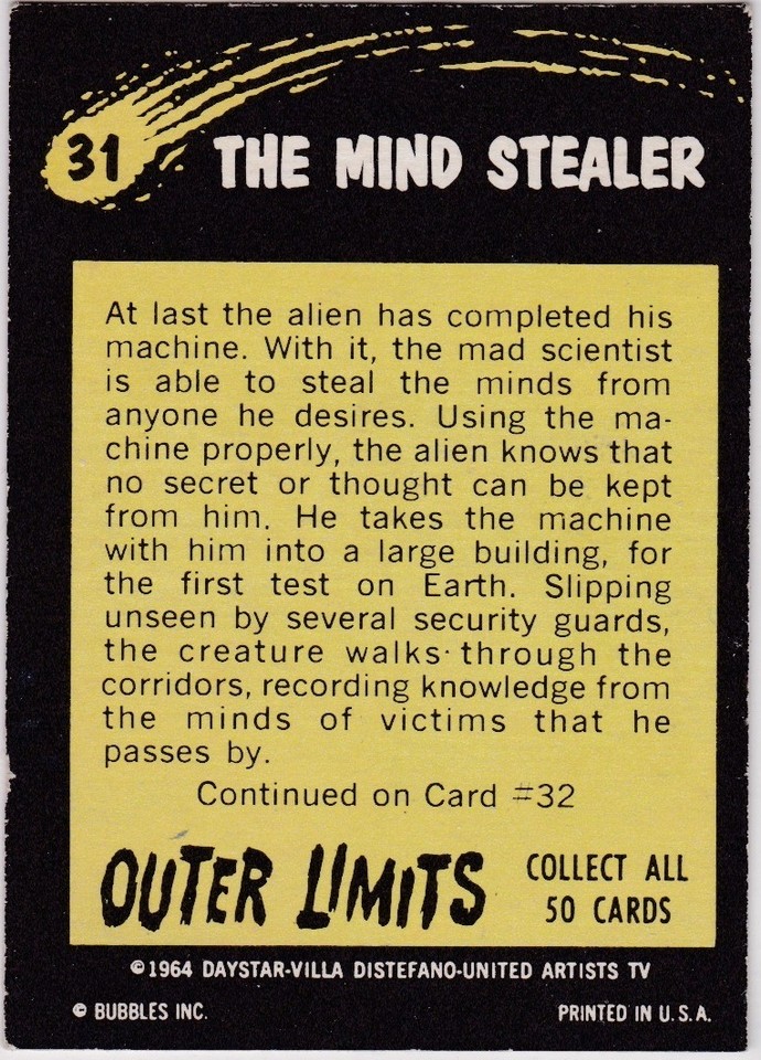 OUTER LIMITS 1964 TOPPS (BUBBLES, INC) VINTAGE CARD #31 THE MIND ...