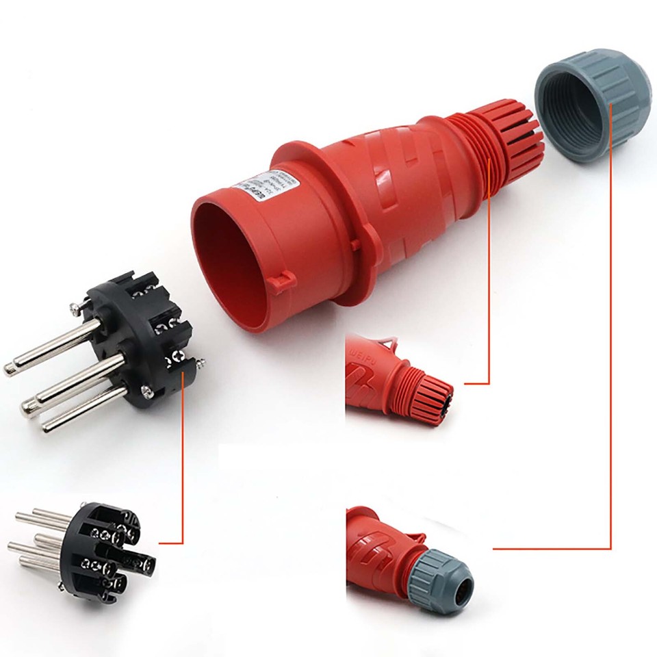 32A 5 PIN RED INDUSTRIAL PLUGS & SOCKETS 3 PHASE 3P+N+E IP44 MALE ...
